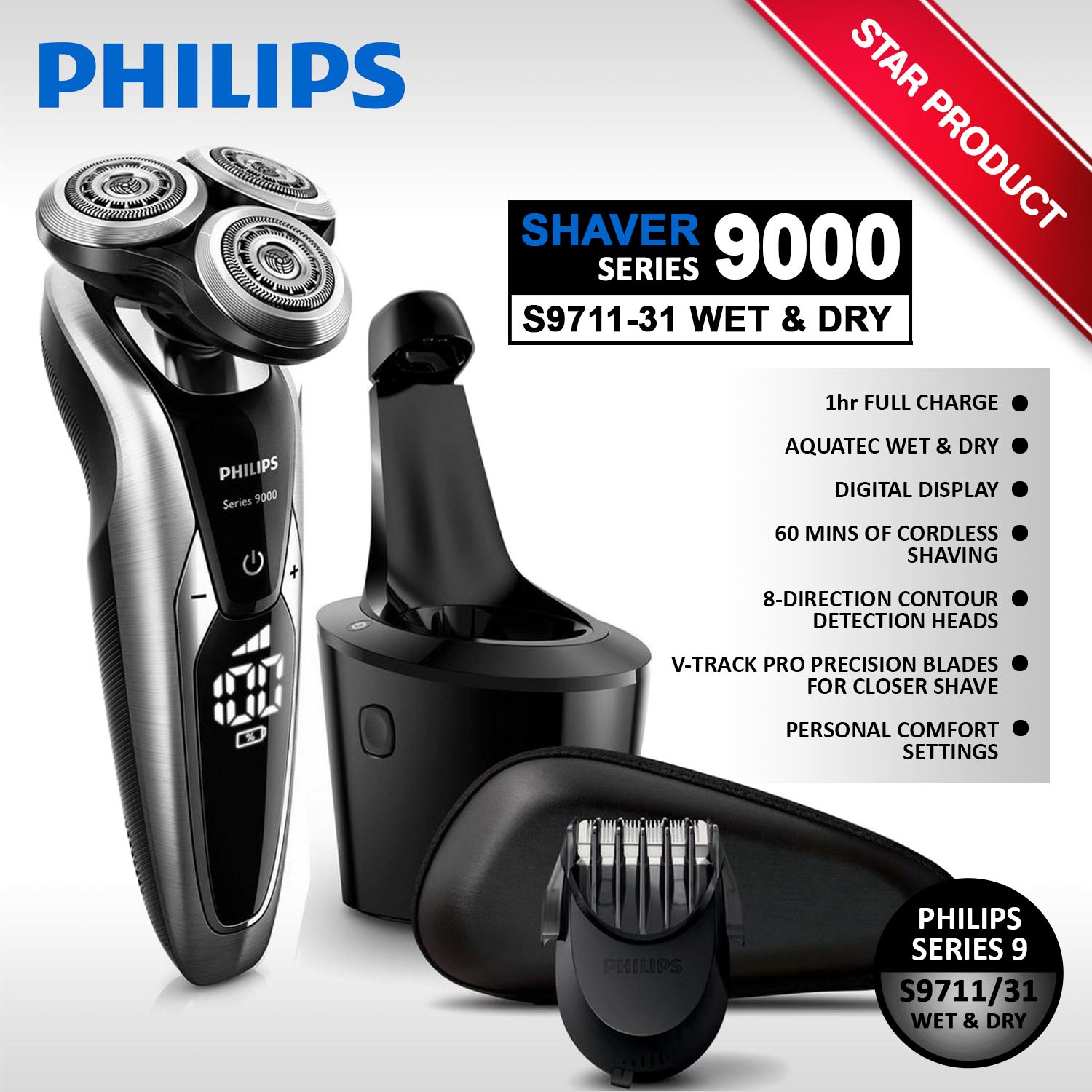 PHILIPS Series 9000 S9711-31 Wet & Dry Electric Shaver Razer SmartClean ...